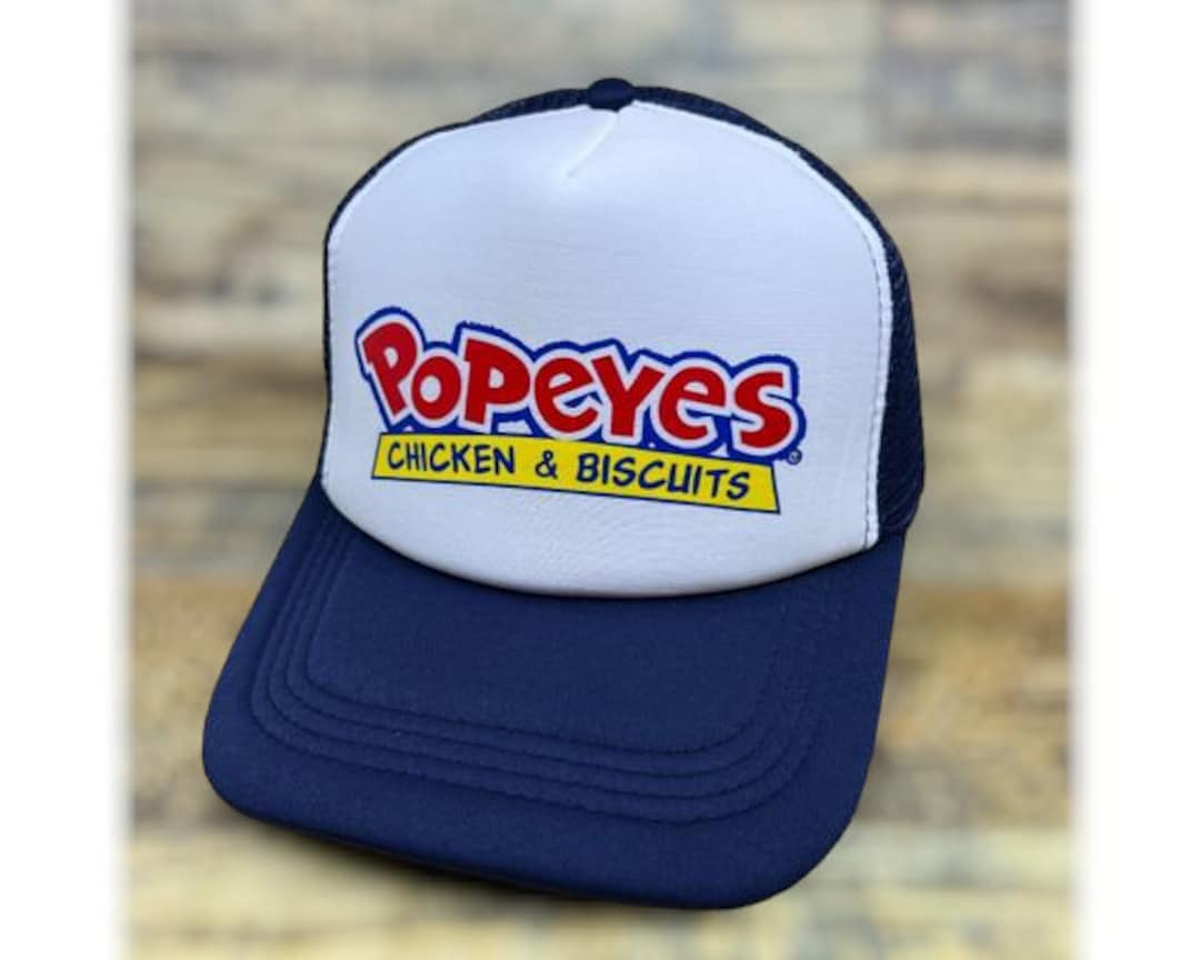 Popeyes Chicken and Biscuits Mens Trucker Hat Navy Snapback Defunct ...
