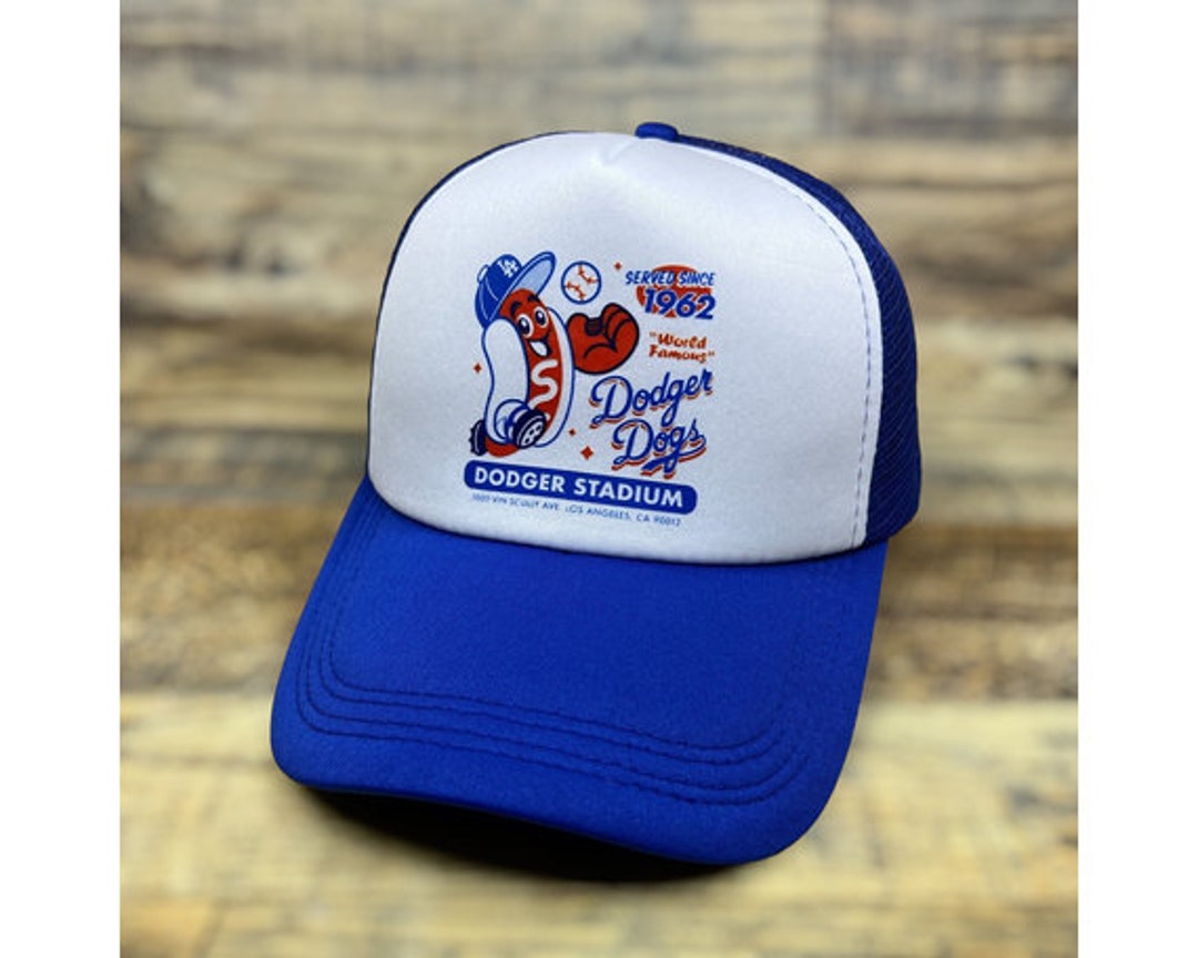 Dodger Stadium Mens Trucker Hat Blue Snapback Hot Dogs 1962 Los Angeles ...
