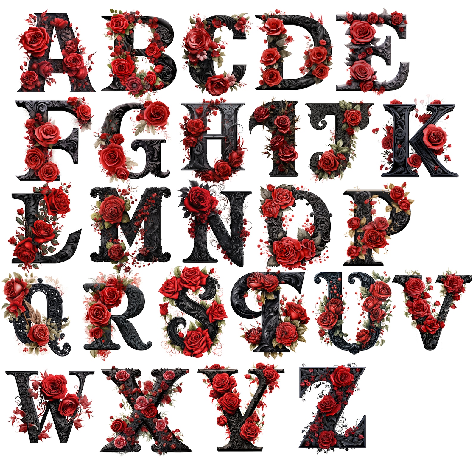 Red Rose Png Clipart, Red Rose Font Alphabet Rose Letters Png Doodle ...