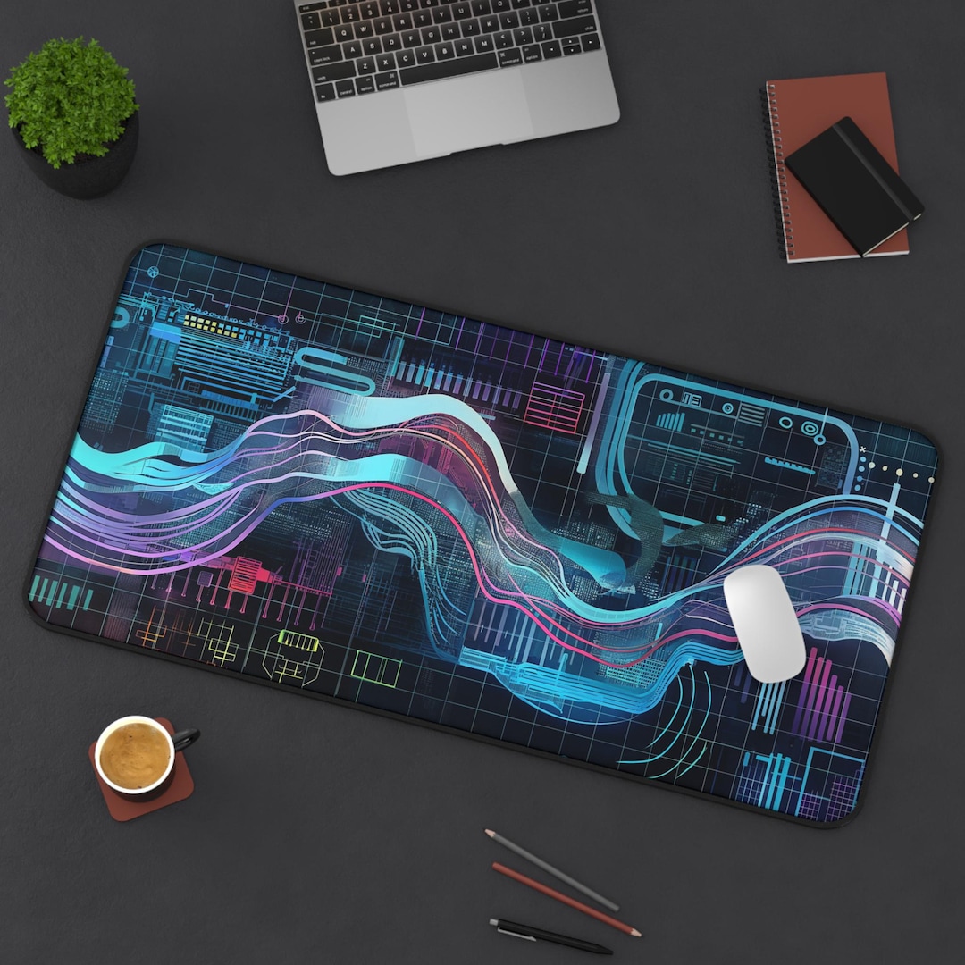 Blue Cyberpunk Futuristic Desk Mat Digital Art for Desktop, Workstation ...