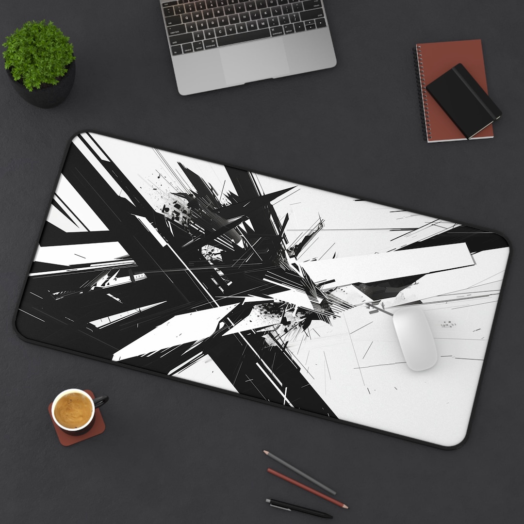 White Geometric Pattern, Digital Labyrinth, Desk Mat for PC, Mac ...