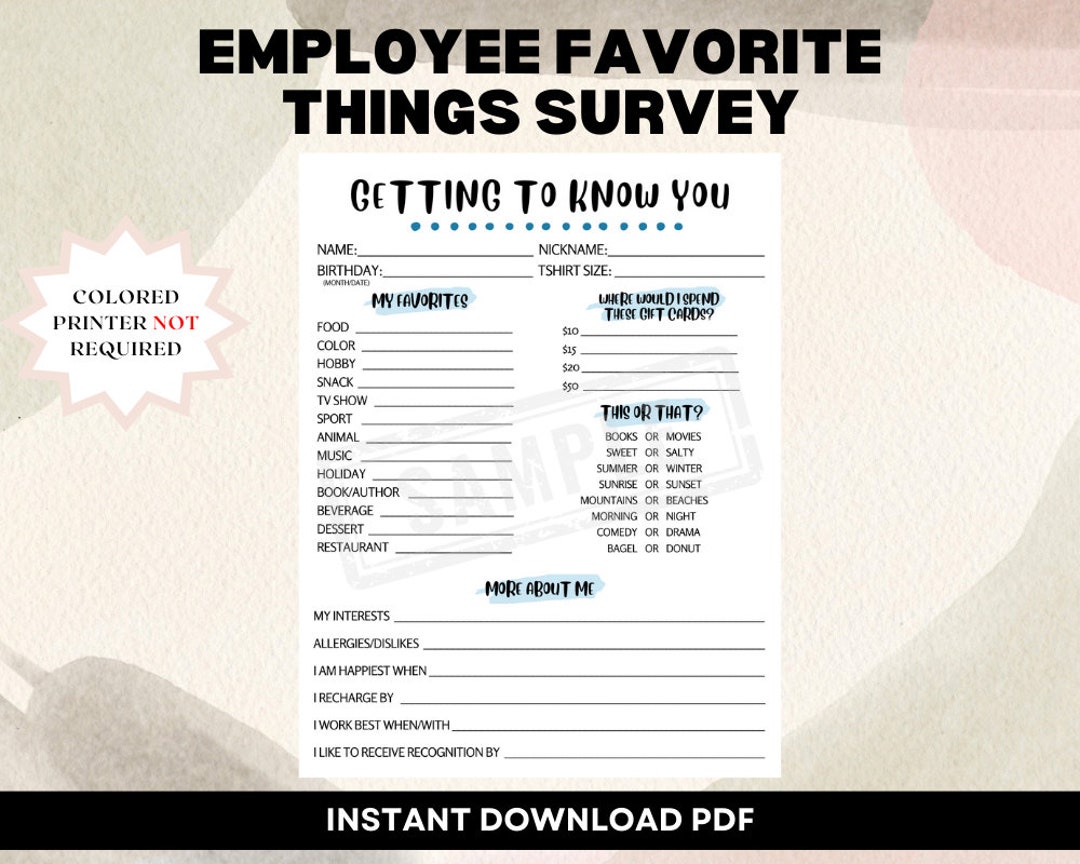 Employee Favorite Things Survey, Coworker Questions Printable, All ...
