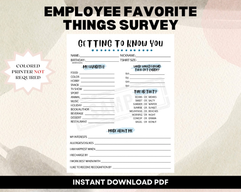 Employee Favorite Things Survey, Coworker Questions Printable, All ...