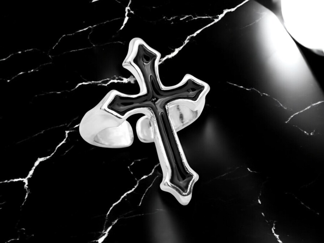 Vintage Black Gothic Cross Ring – Adjustable Open Ring for Women & Men ...