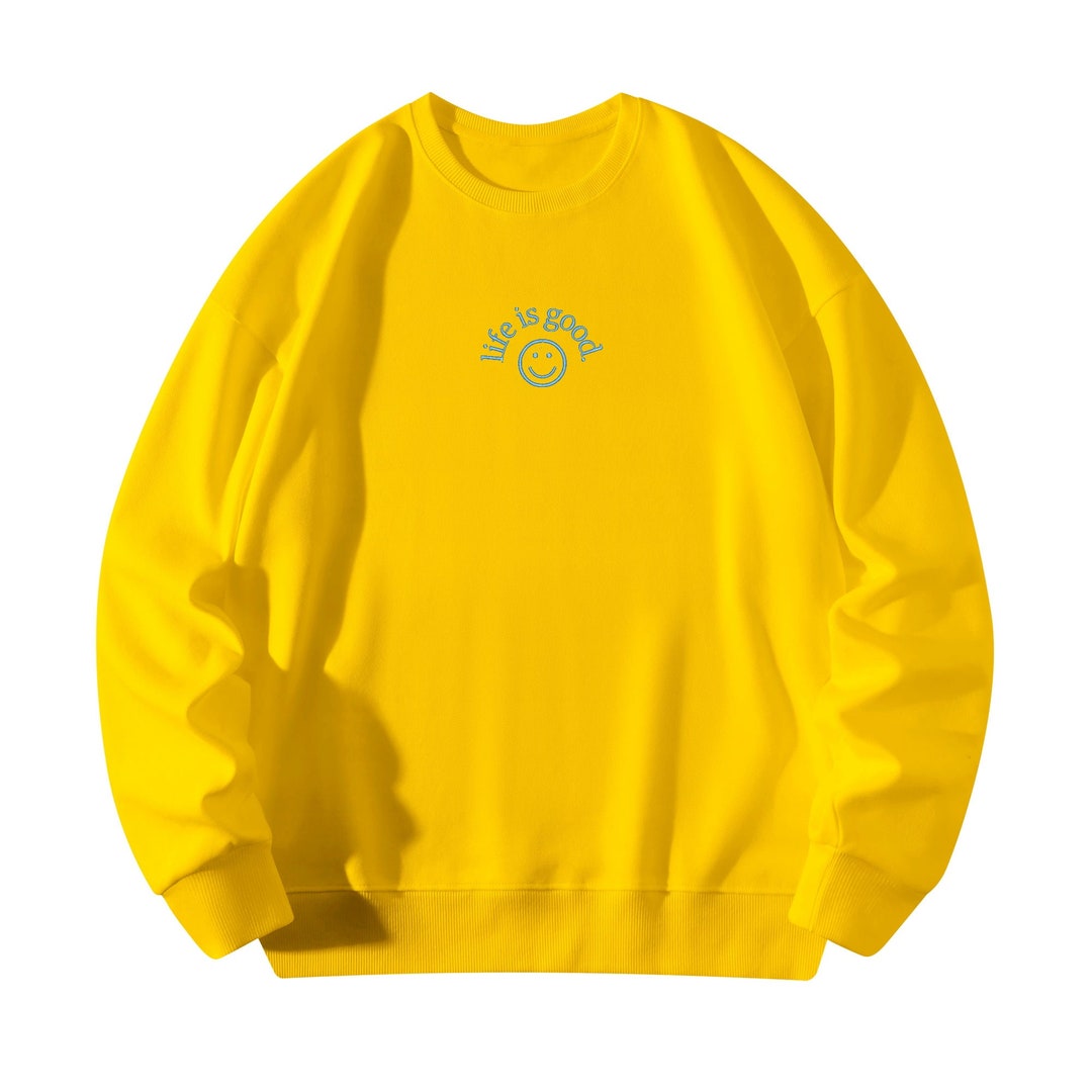 Life is Good Embroidered Smiley Sweatshirt Cheerful Unisex Cotton Blend ...