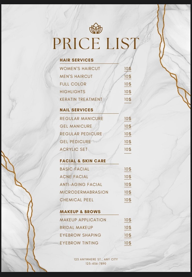 Digital Download Salon Price List Template - Etsy