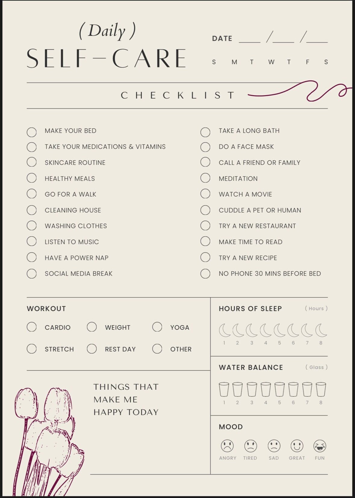 Digital Downloadable Pdf Self Care Checklist - Etsy