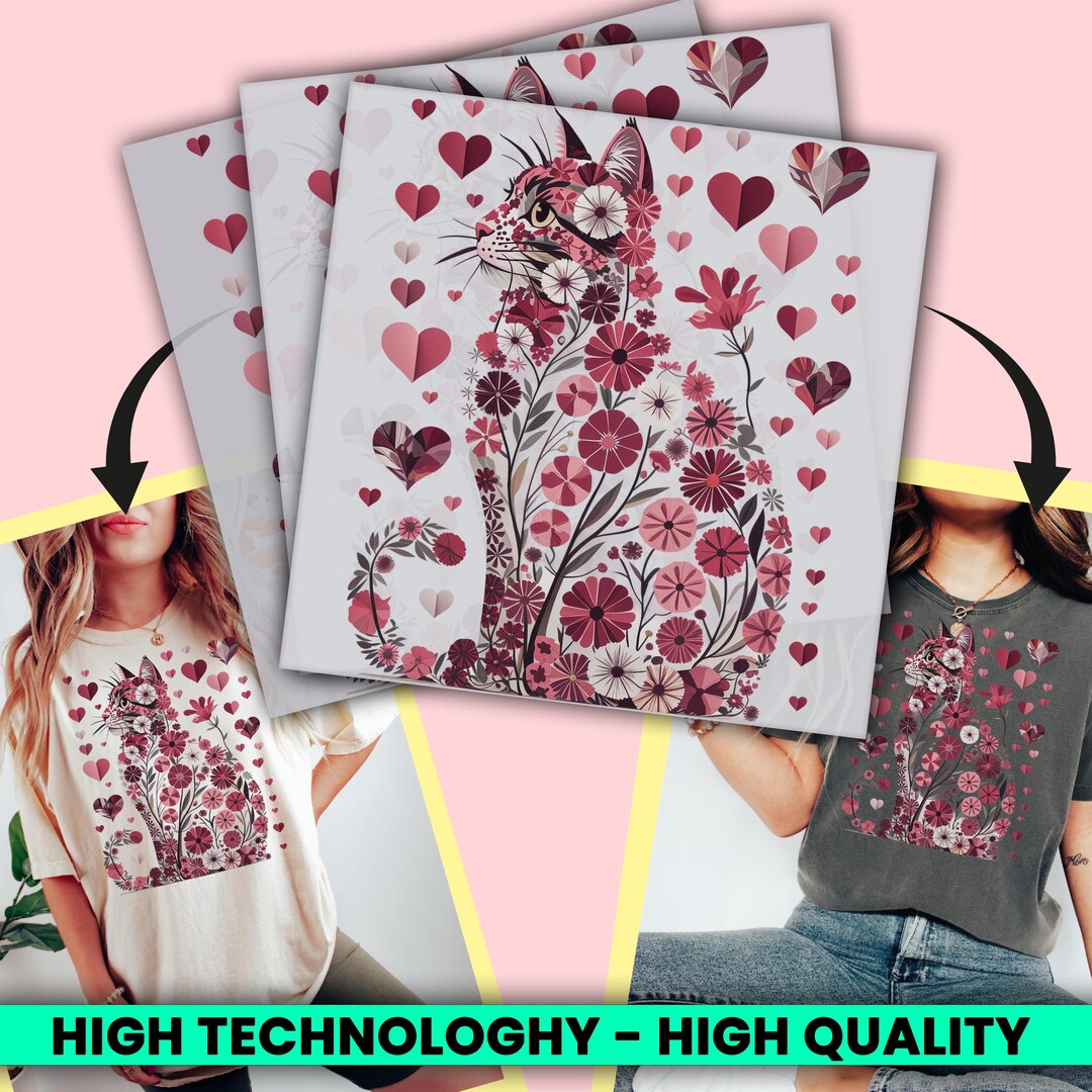 Floral Cat Valentine DTF Transfer, Heart Pattern Cat Graphic Valentines ...