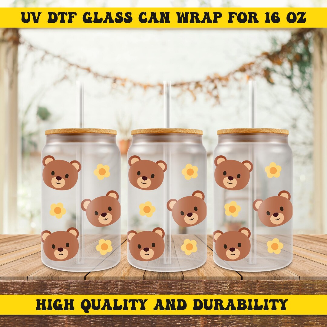 Cute Bear 16oz UV Dtf, Bear Pattern Ready to Apply Cup Wrap, Bear ...