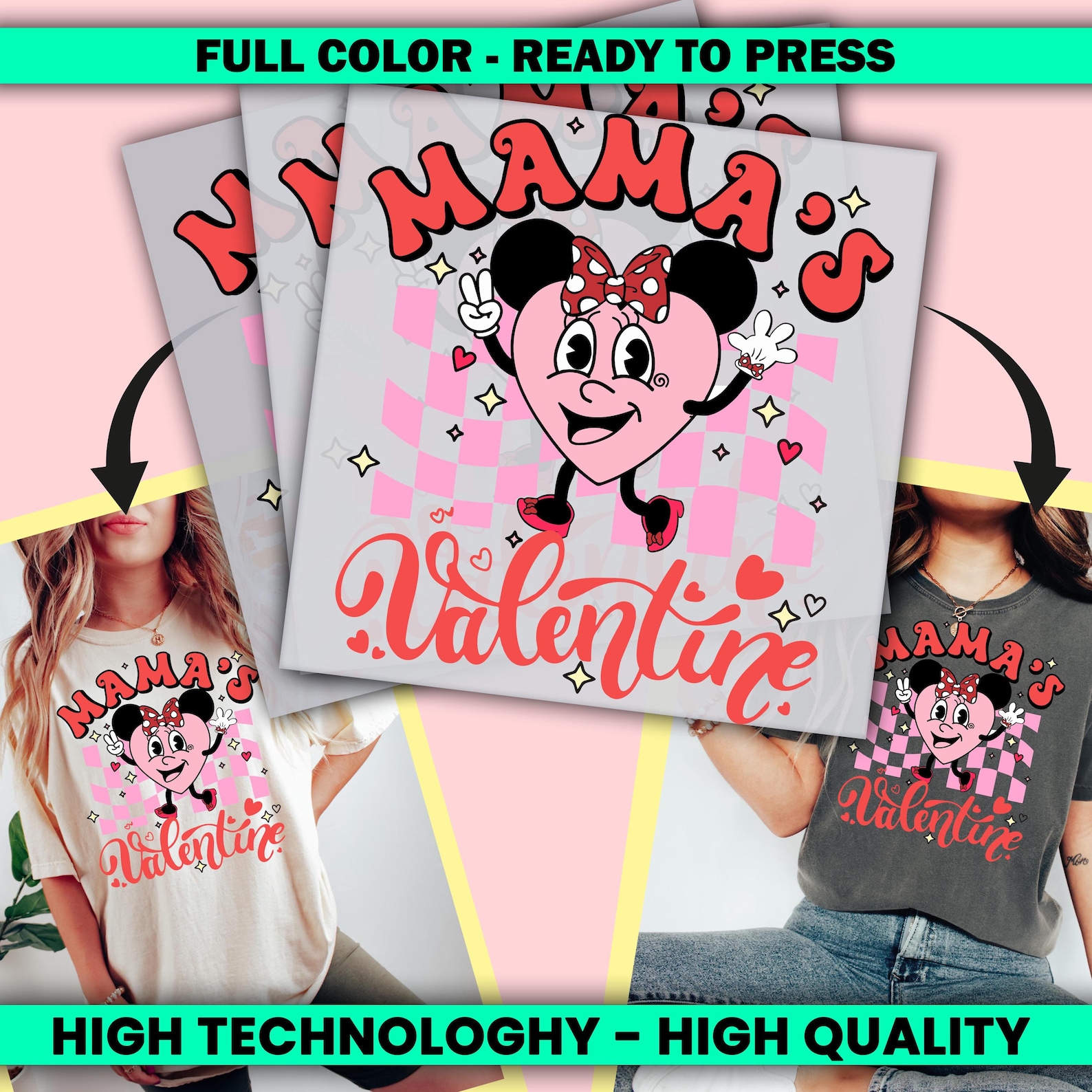 Mama’s Valentine DTF Transfer, Cute Heart Retro Pink Checker Design ...