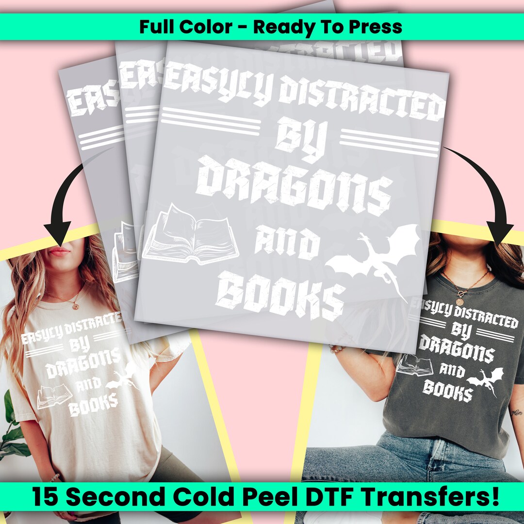 Easyly Distracted by Dragons and Books DTF Transfer, Ready to Press ...