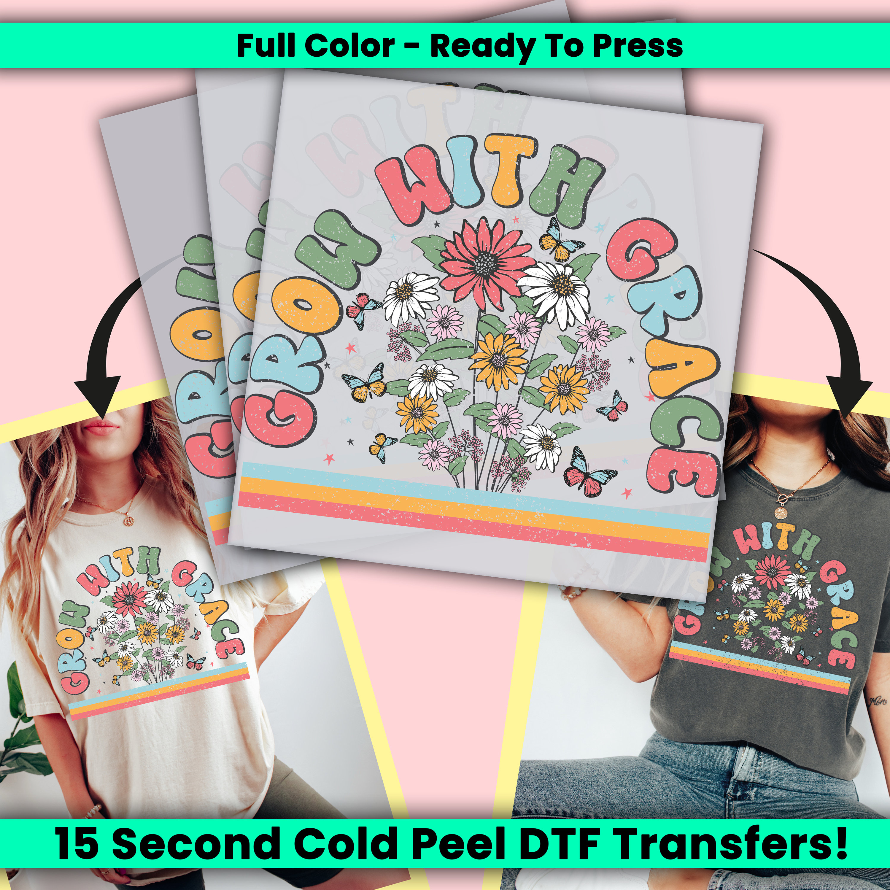 Grow With Grace Retro Flower DTF Transfer, Retro Ready to Press ...