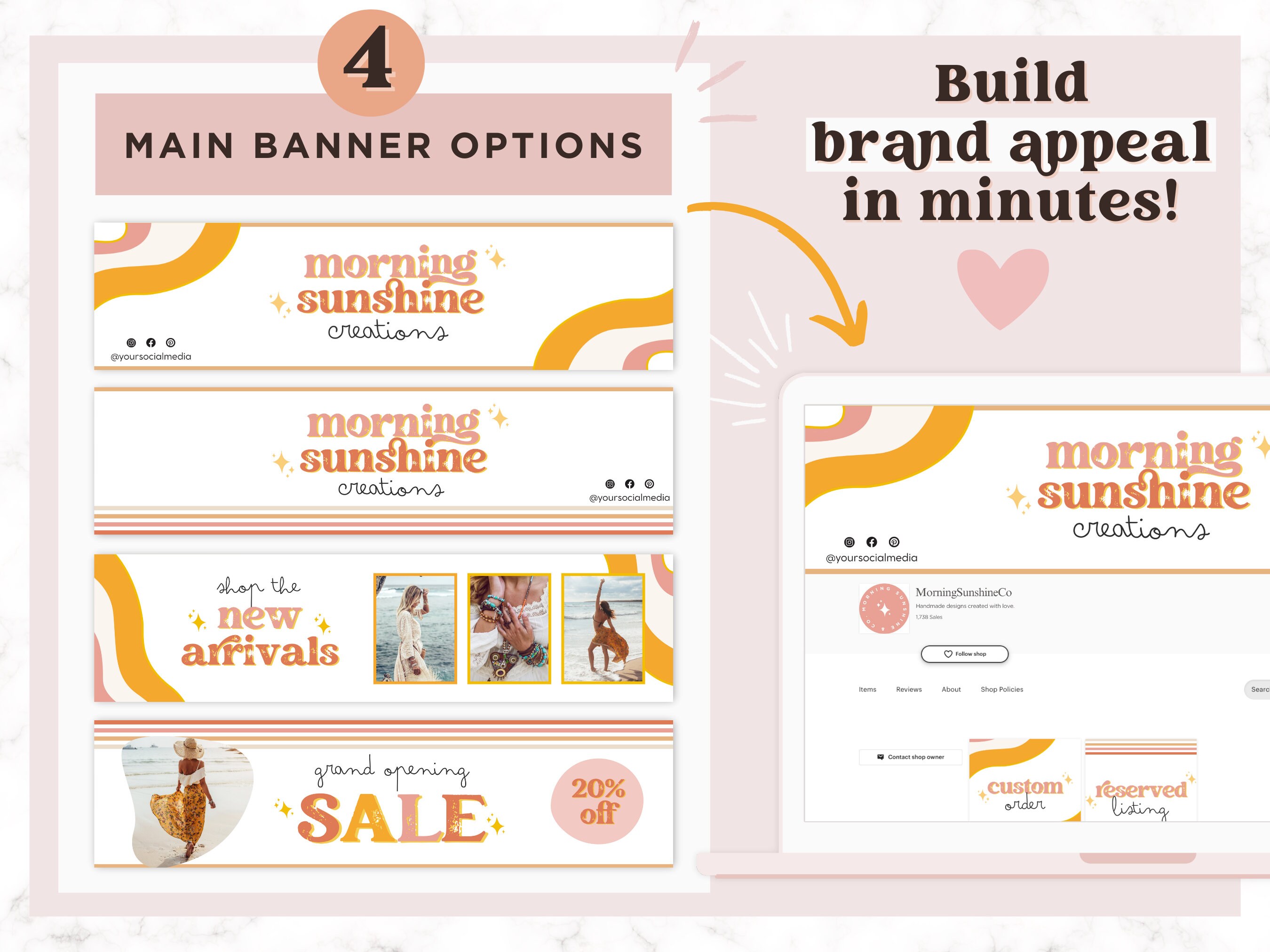 Boho Etsy Banner Template Canva - Etsy Shop Kit - Orange Etsy Shop ...