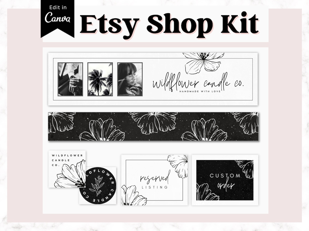 Minimalist Floral Etsy Shop Kit | Black and White Etsy Banner Template ...