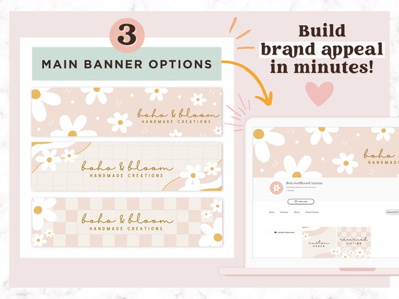 Daisy Etsy Shop Banner Pink, Floral Etsy Shop Kit, Neutral Etsy Banner ...