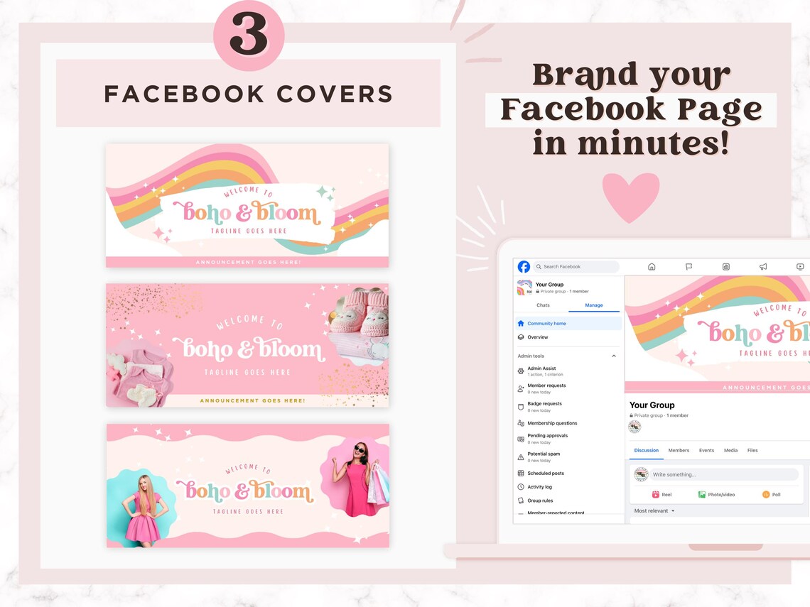 Pastel Facebook Cover Template, Business Facebook Group Cover, Rainbow ...