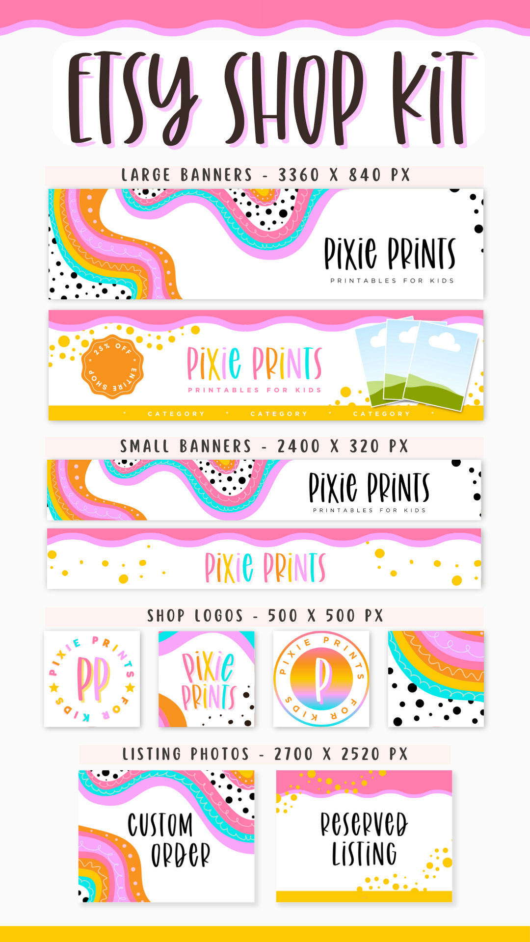 Colorful Etsy Shop Kit Rainbow, Pink Etsy Branding Kit, Fun Etsy Shop ...