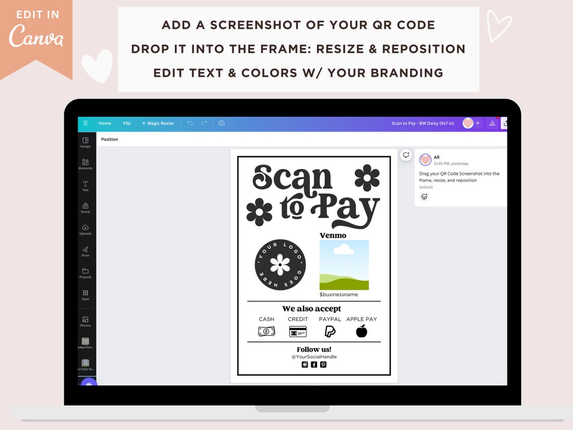 Custom QR Code Sign Business Editable Scan to Pay Template Canva Venmo ...