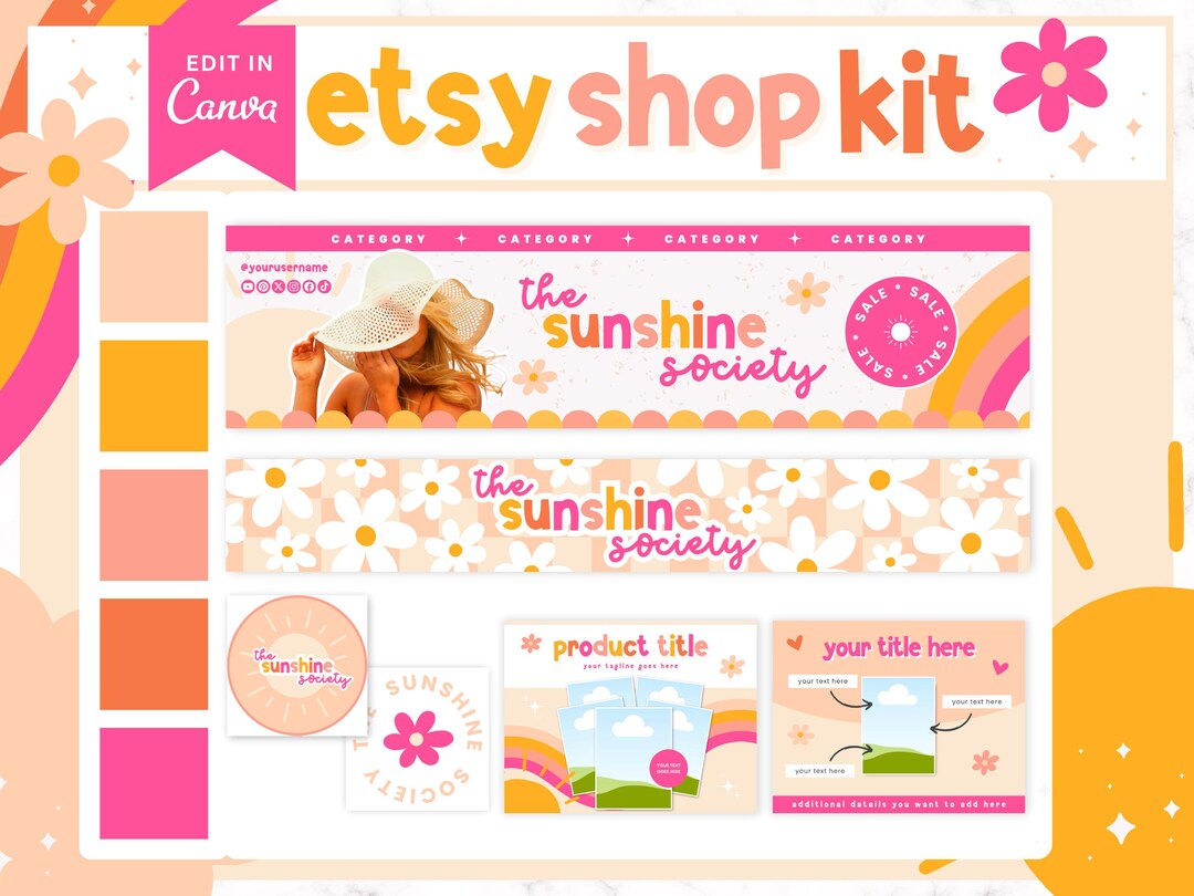 Etsy Shop Kit Pink, Cute Etsy Shop Banner Summer Colors, Fun Bright Etsy Branding Kit, Floral ...