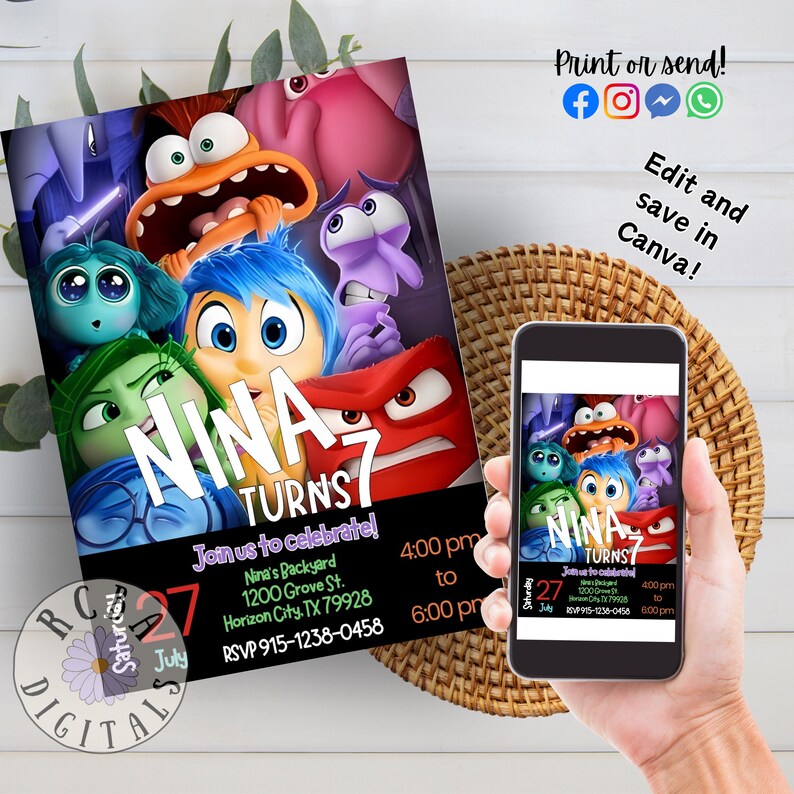 Inside Out 2 Digital Invitation, Invitation Template, Canva Editable ...