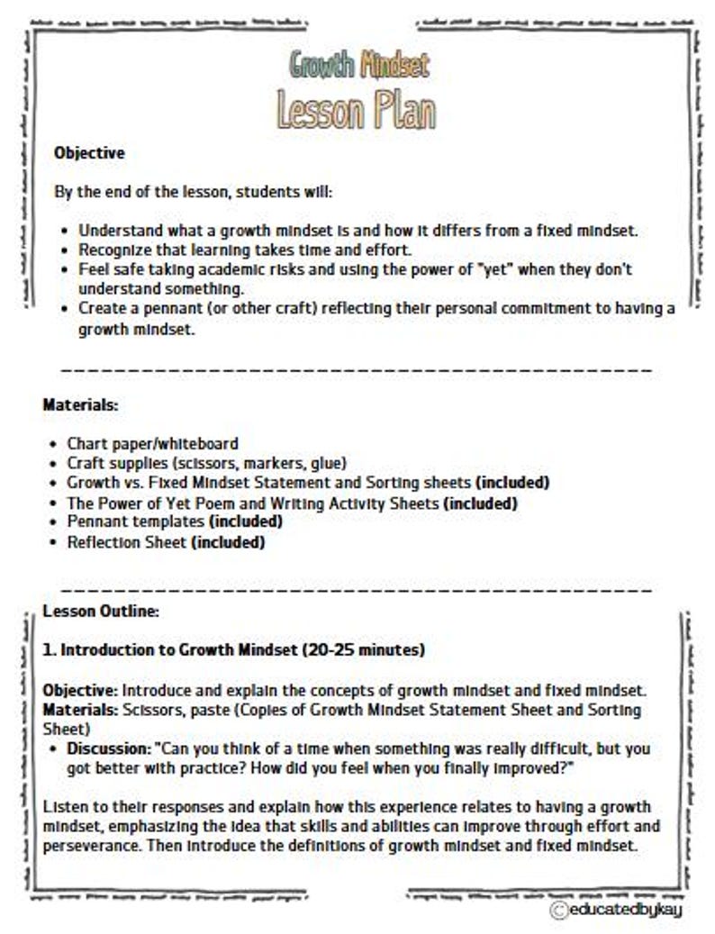 Growth Mindset Lesson Plan-social Emotional Lesson - Etsy