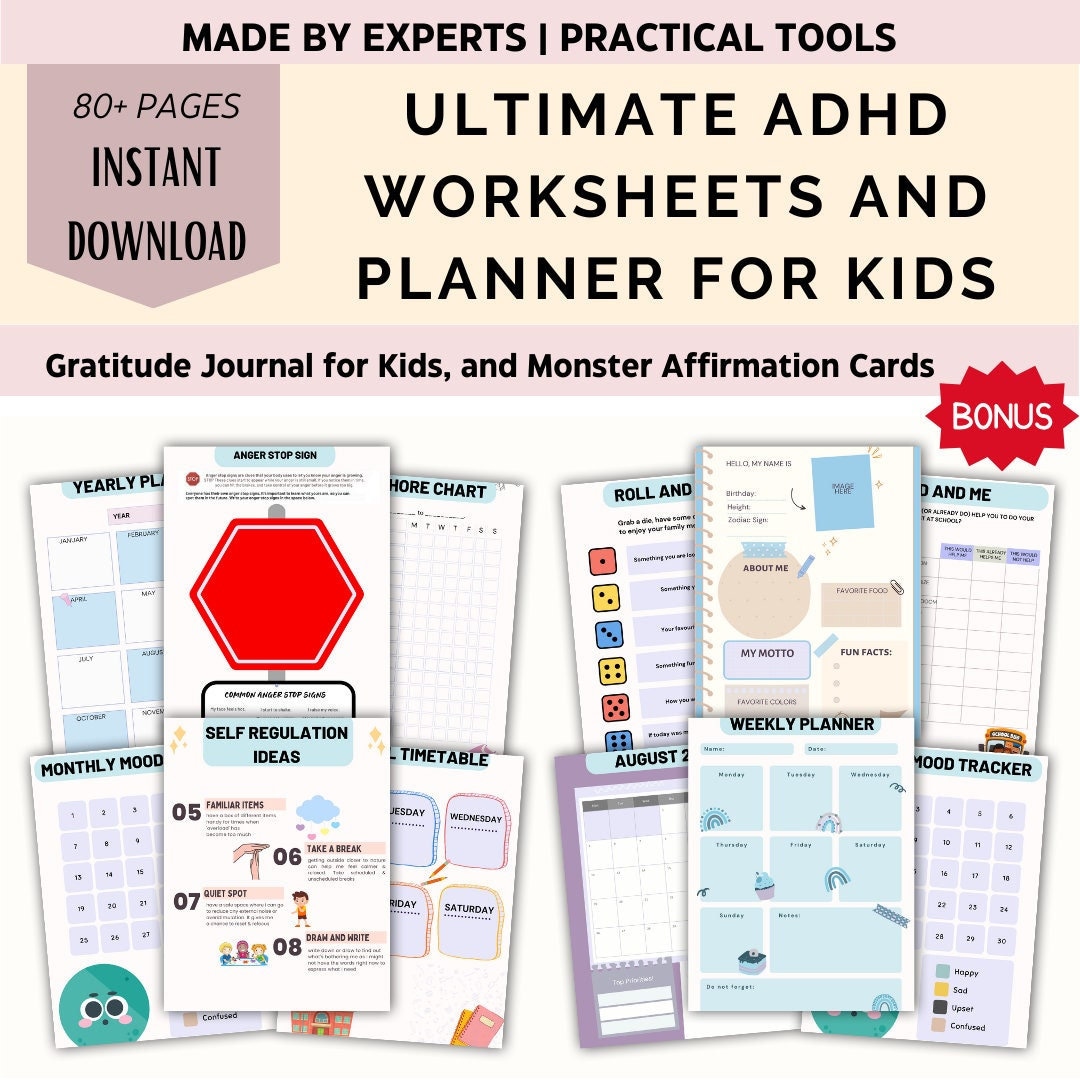 ADHD Planner for Kids 2024: Mental Health Workbook, CBT Worksheets ...