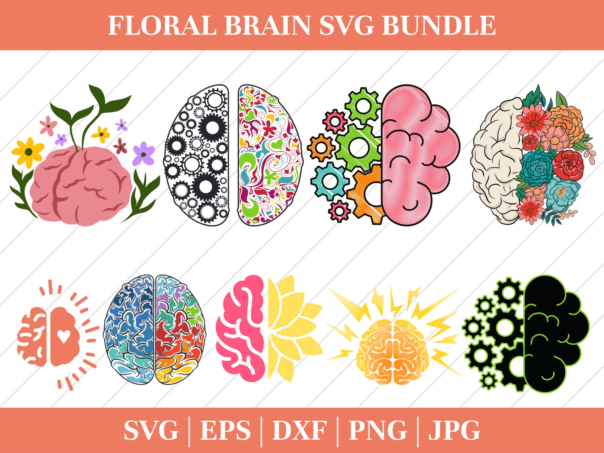 Brain Svg Bundle, Medical Svg, Floral Brain Svg, Flower Brain Svg ...
