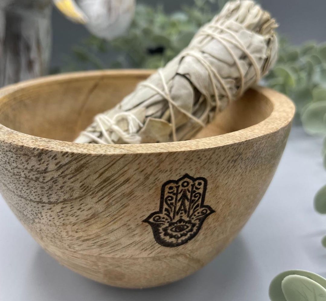 Hamsa Mango Wooden Smudging Bowl Gift Set , Includes Sage Bundle ,for ...