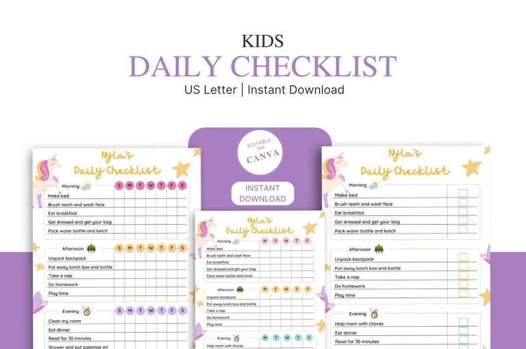 Kids Daily School Checklist| Responsibility Chart| Editable Chore Chart ...