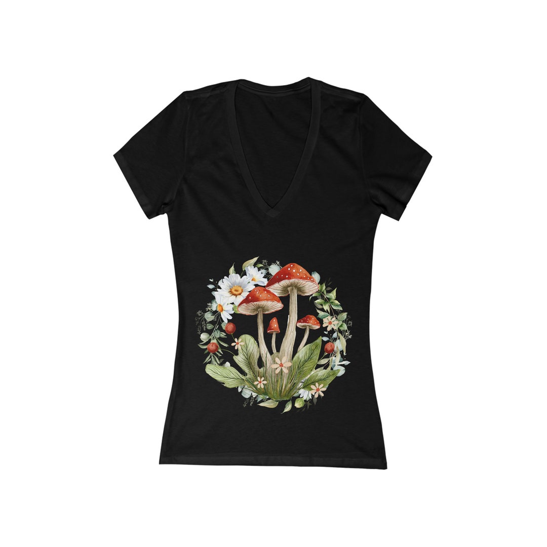 Cottagecore Mushroom Deep V Neck, Magic Mushroom Tee, Botanical Shirt, Mushroom Shirt, Amanita ...
