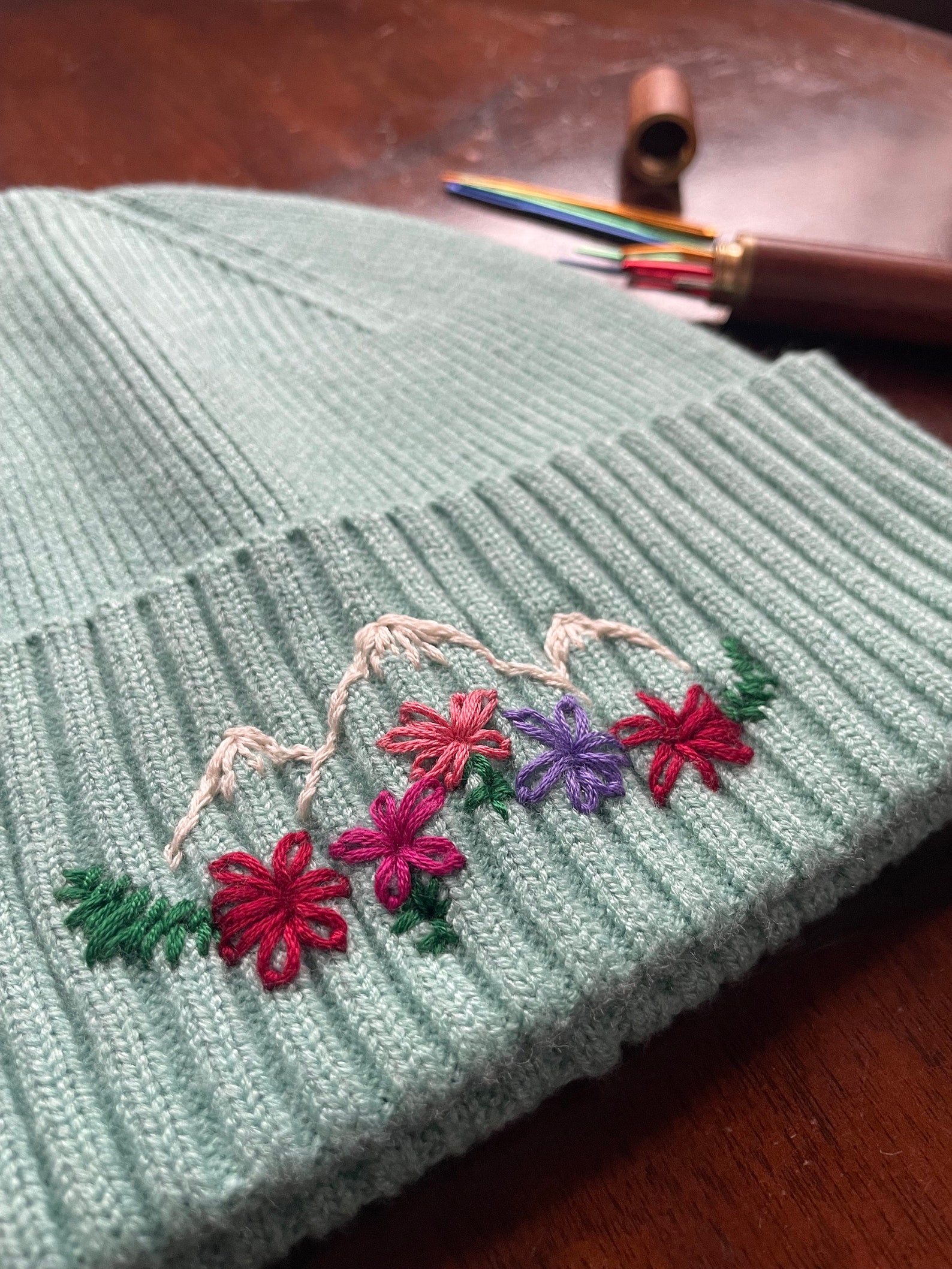 Mountain View Hand-stitched Embroidered Green Beanie Hat Flowers ...