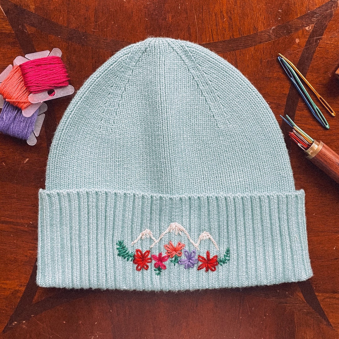 Mountain View Hand-stitched Embroidered Green Beanie Hat Flowers ...