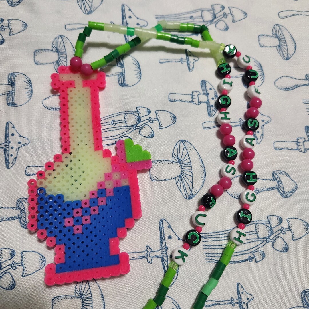 Kandi Necklace GITD W/ GITD Bong Perler Pendant Glow-in-the-dark Bong ...