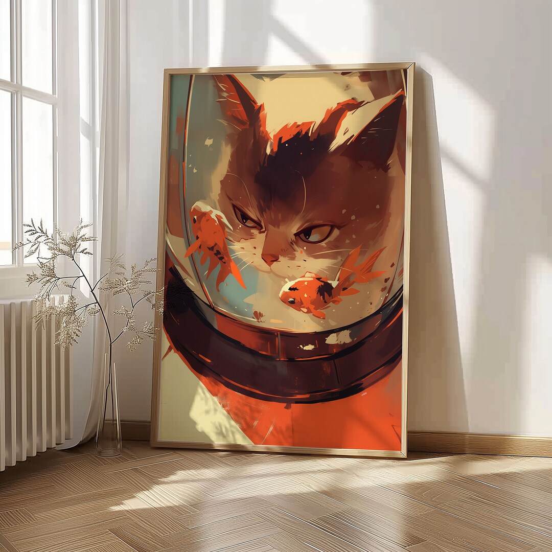 Cat and Gold Fishes Art Print Sneaky Cat Art Print Gold Fish Print Cat ...