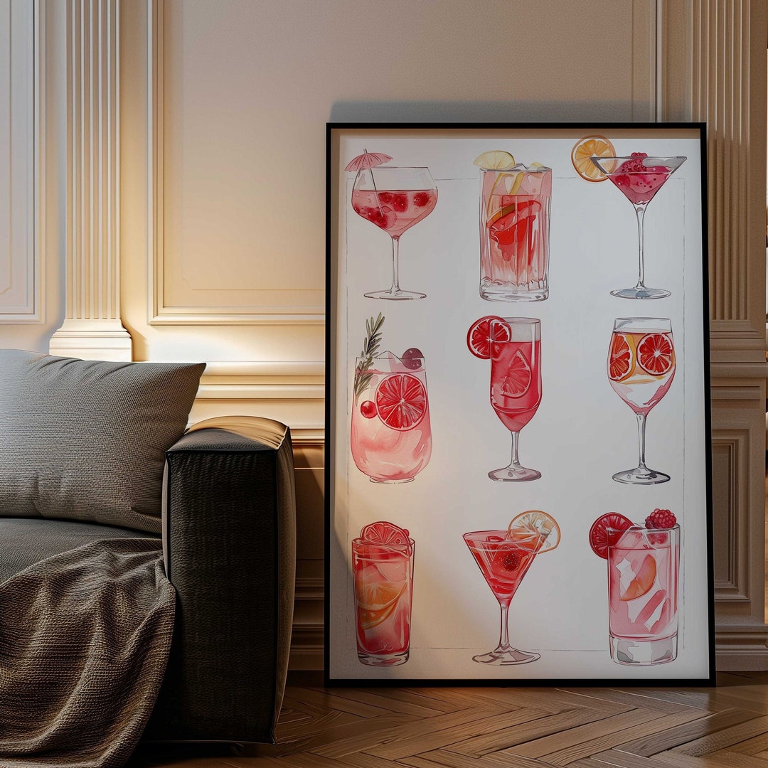 Pink Cocktail Art Print Cocktails Artwork Bar Art Print Dining Room ...