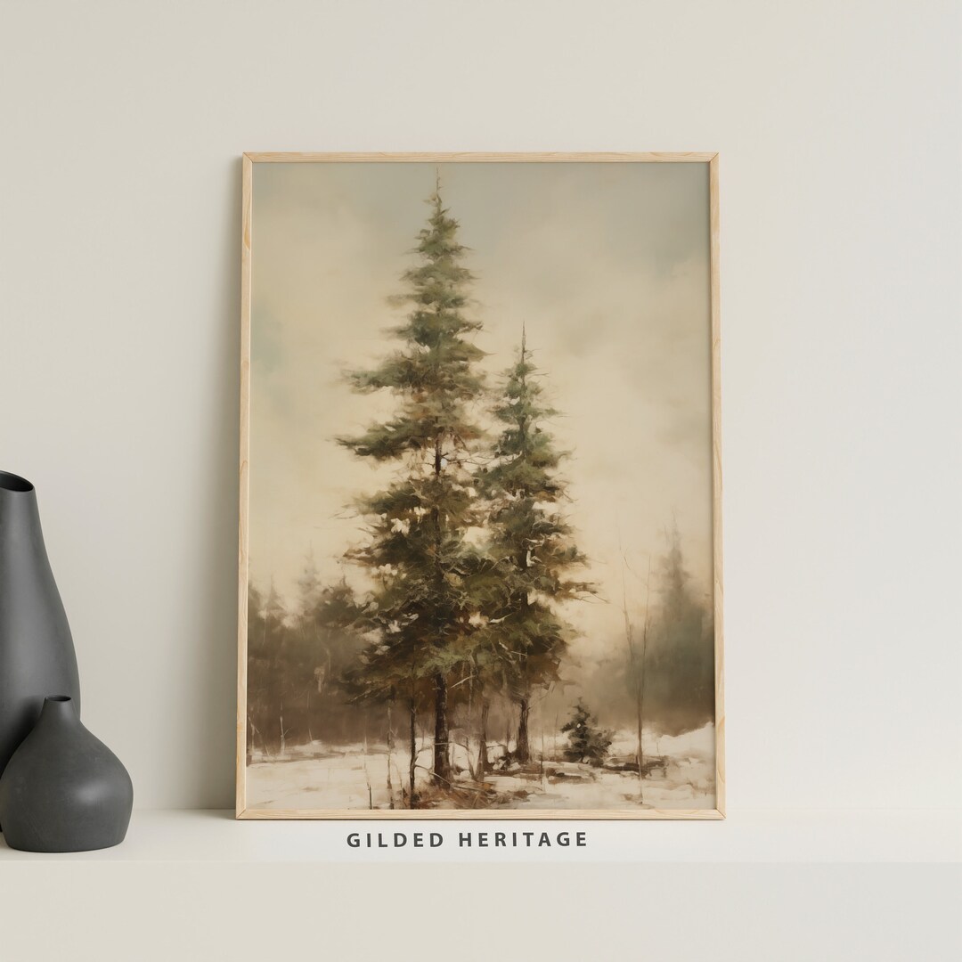 Vintage Snowy Pine Print Printable Rustic Landscape Pine Forest Prints ...
