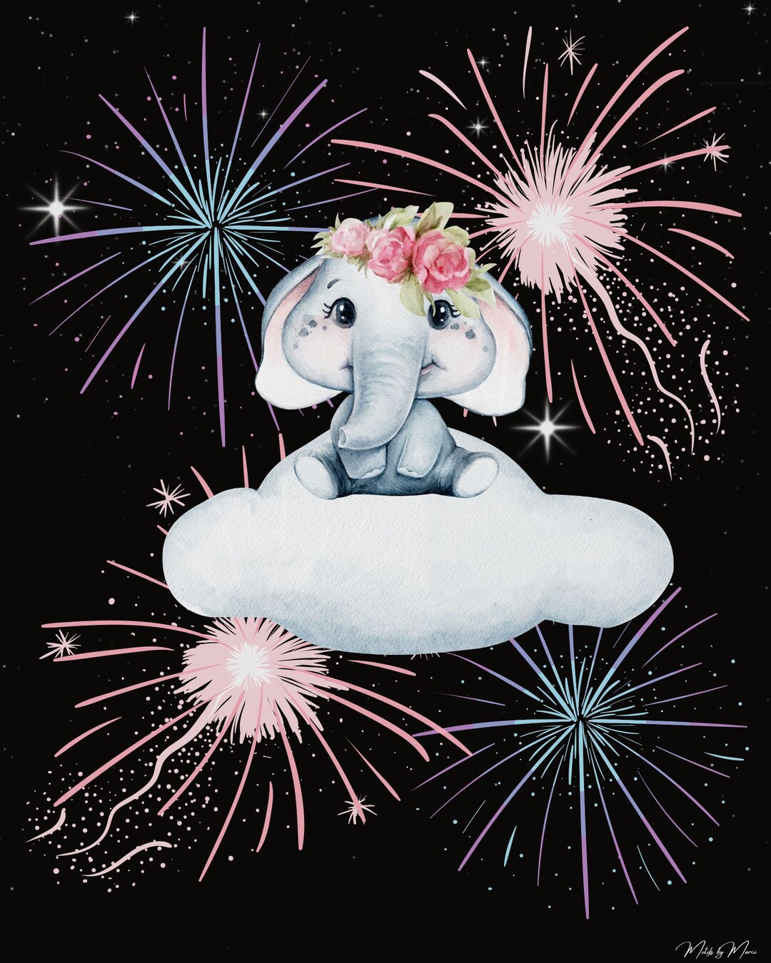 Baby Elephant on a Cloud With Fireworks in the Sky - Etsy