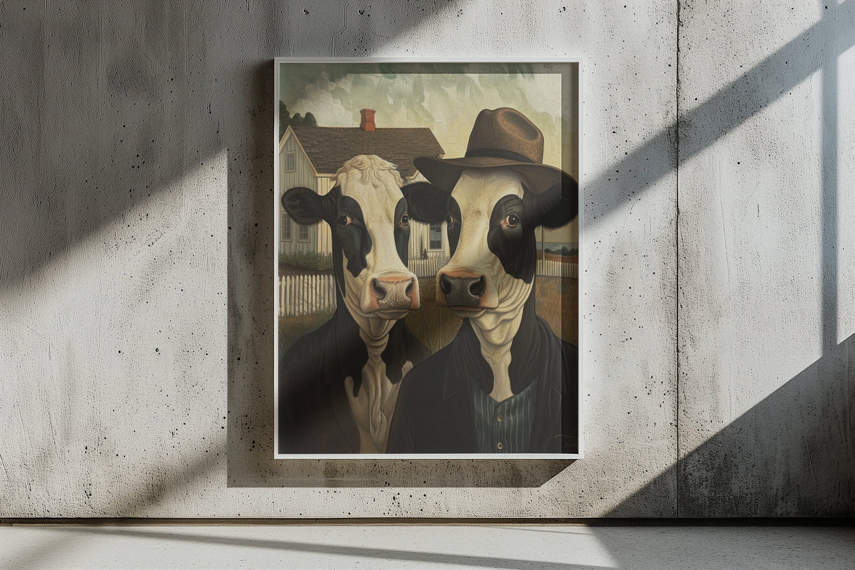 American Gothic Cow Art Print, Grant Wood Inspired Digital Cows With ...