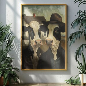 American Gothic Cow Art Print, Grant Wood Inspired Digital Cows With ...