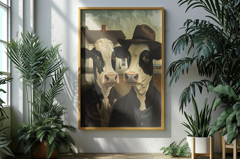 American Gothic Cow Art Print, Grant Wood Inspired Digital Cows With ...