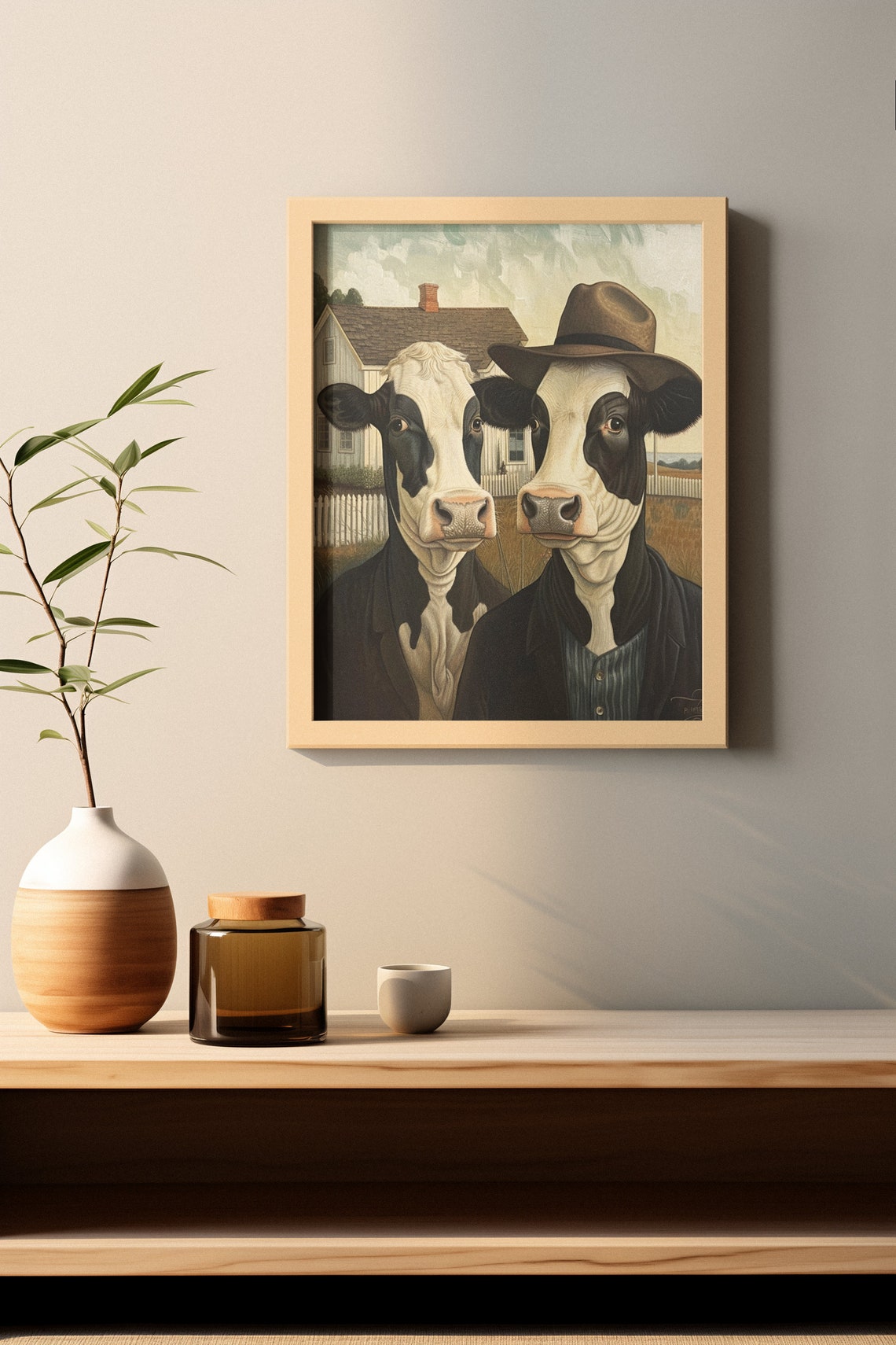 American Gothic Cow Art Print, Grant Wood Inspired Digital Cows With ...