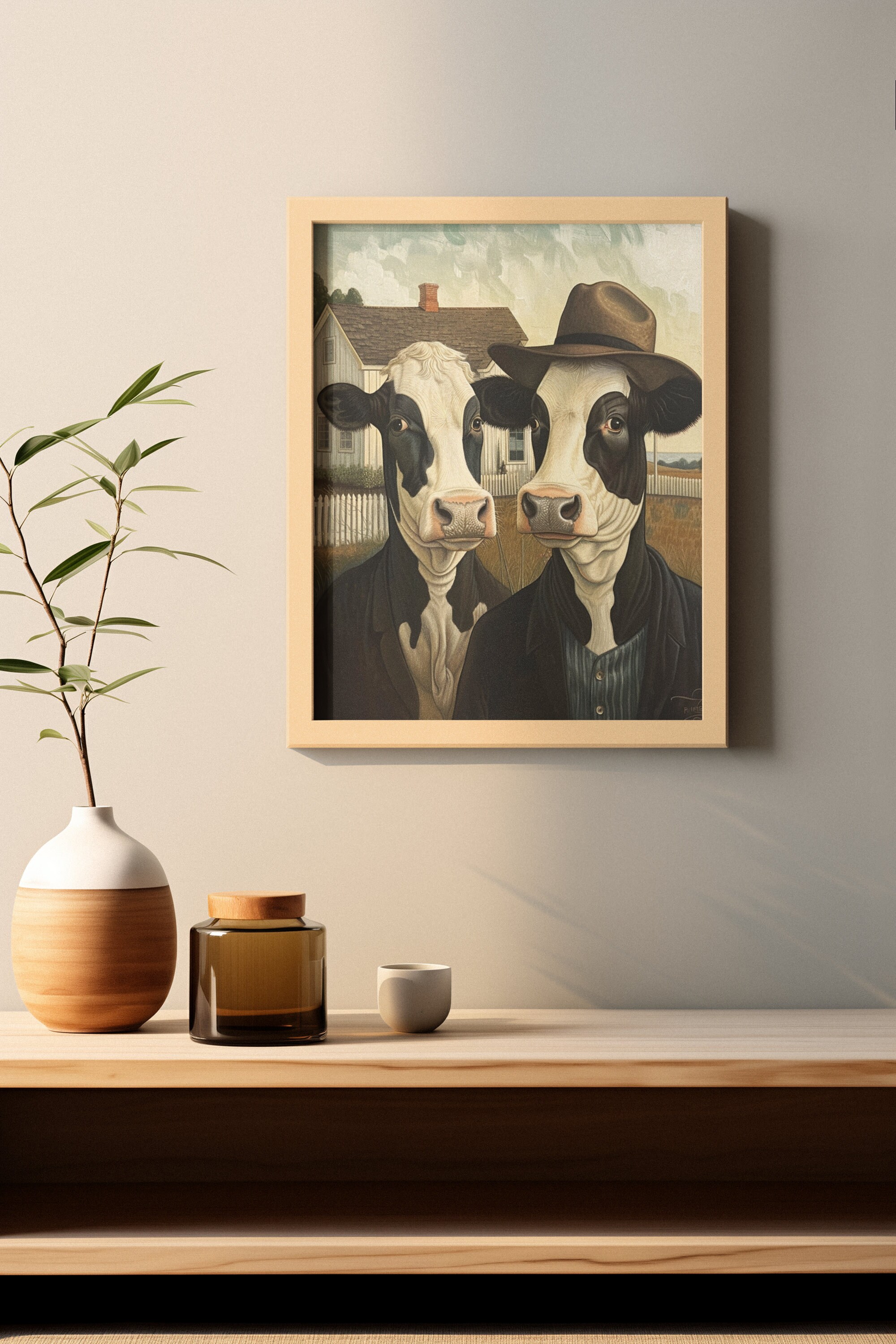 American Gothic Cow Art Print, Grant Wood Inspired Digital Cows With ...