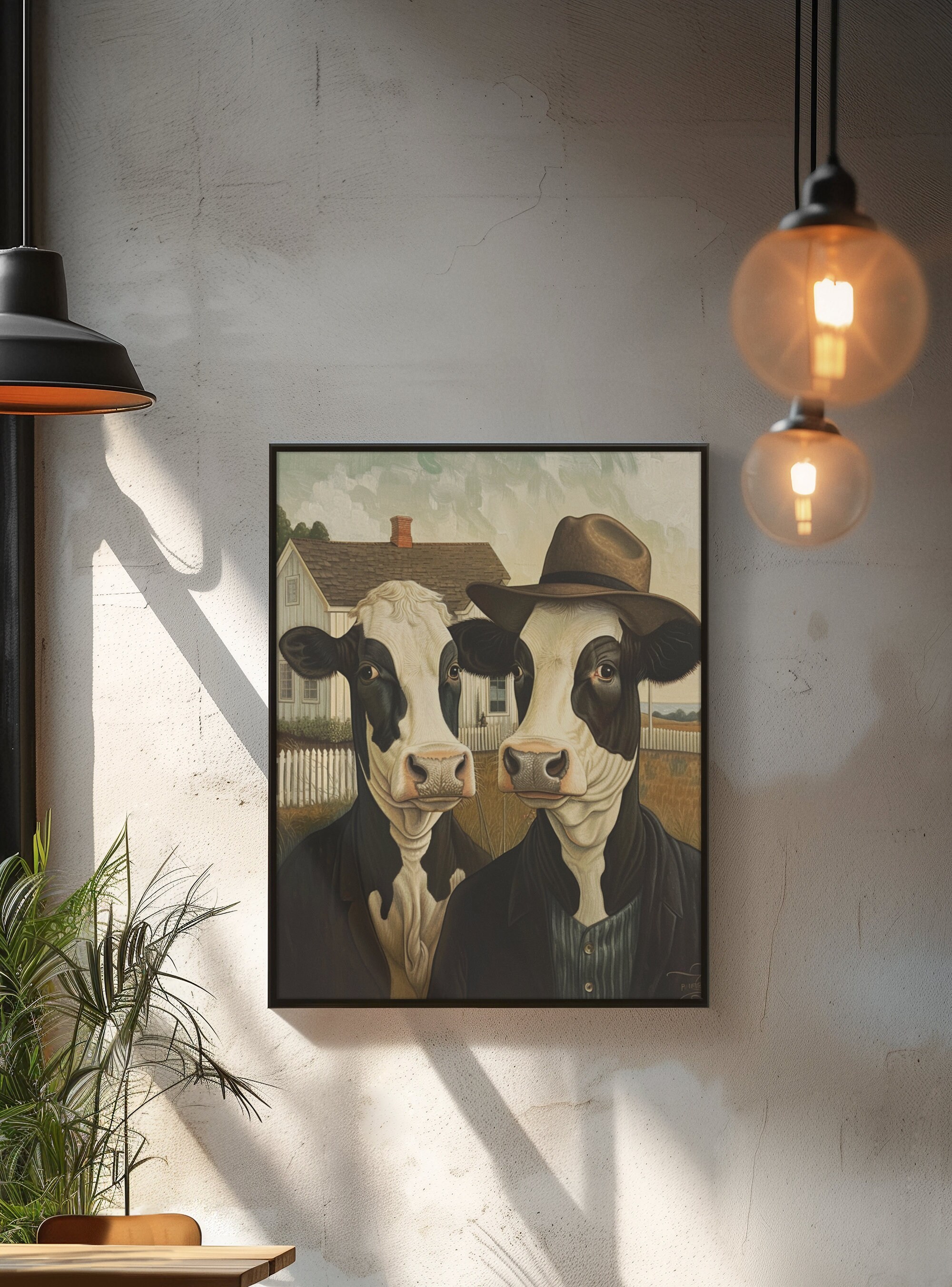 American Gothic Cow Art Print, Grant Wood Inspired Digital Cows With ...