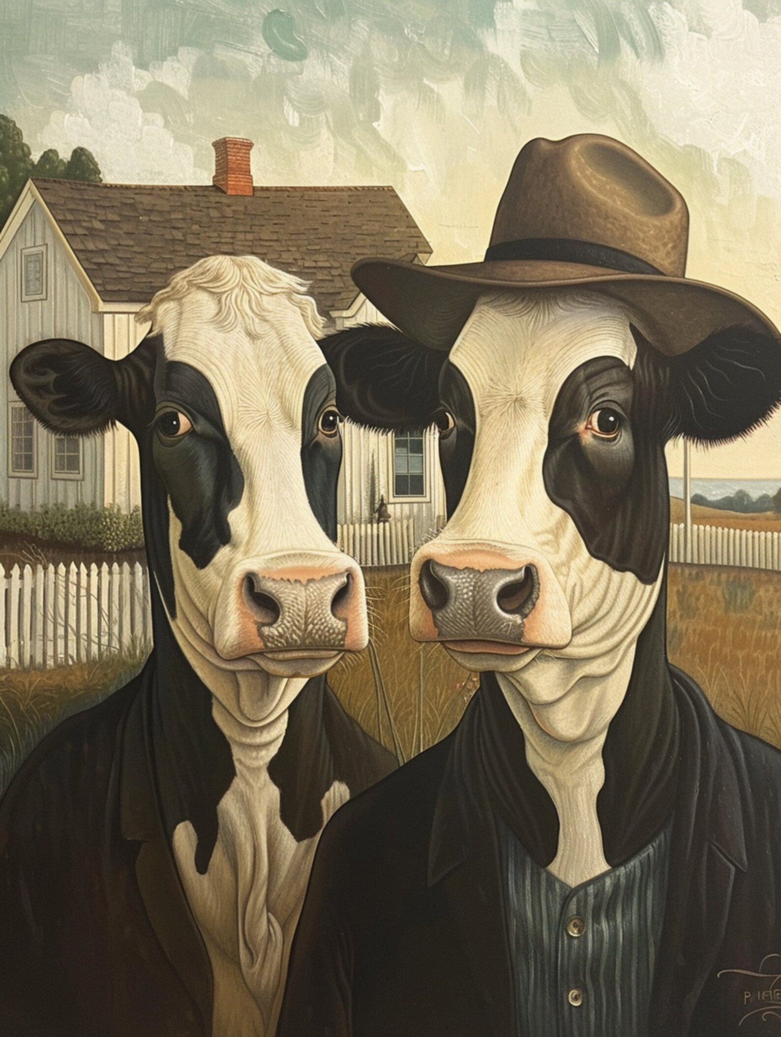 American Gothic Cow Art Print, Grant Wood Inspired Digital Cows With ...
