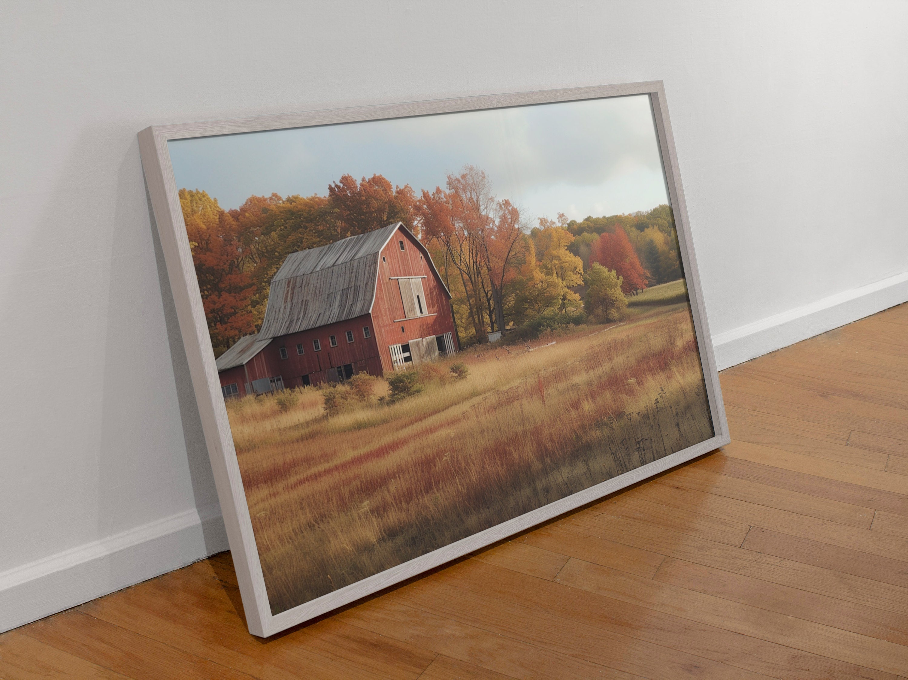 Printable Rustic Autumn Barn Art Weathered Red Farmhouse Among Fall ...