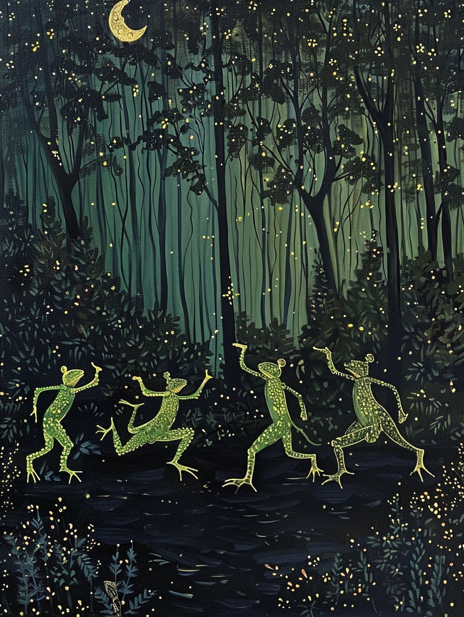 Vintage Frog Dancing Art Print Set: Moonlit Forest Wall Decor (digital ...