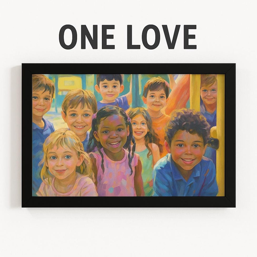 Multicultural Kids Painting: "one Love" Unity Artwork, Framed Classroom ...