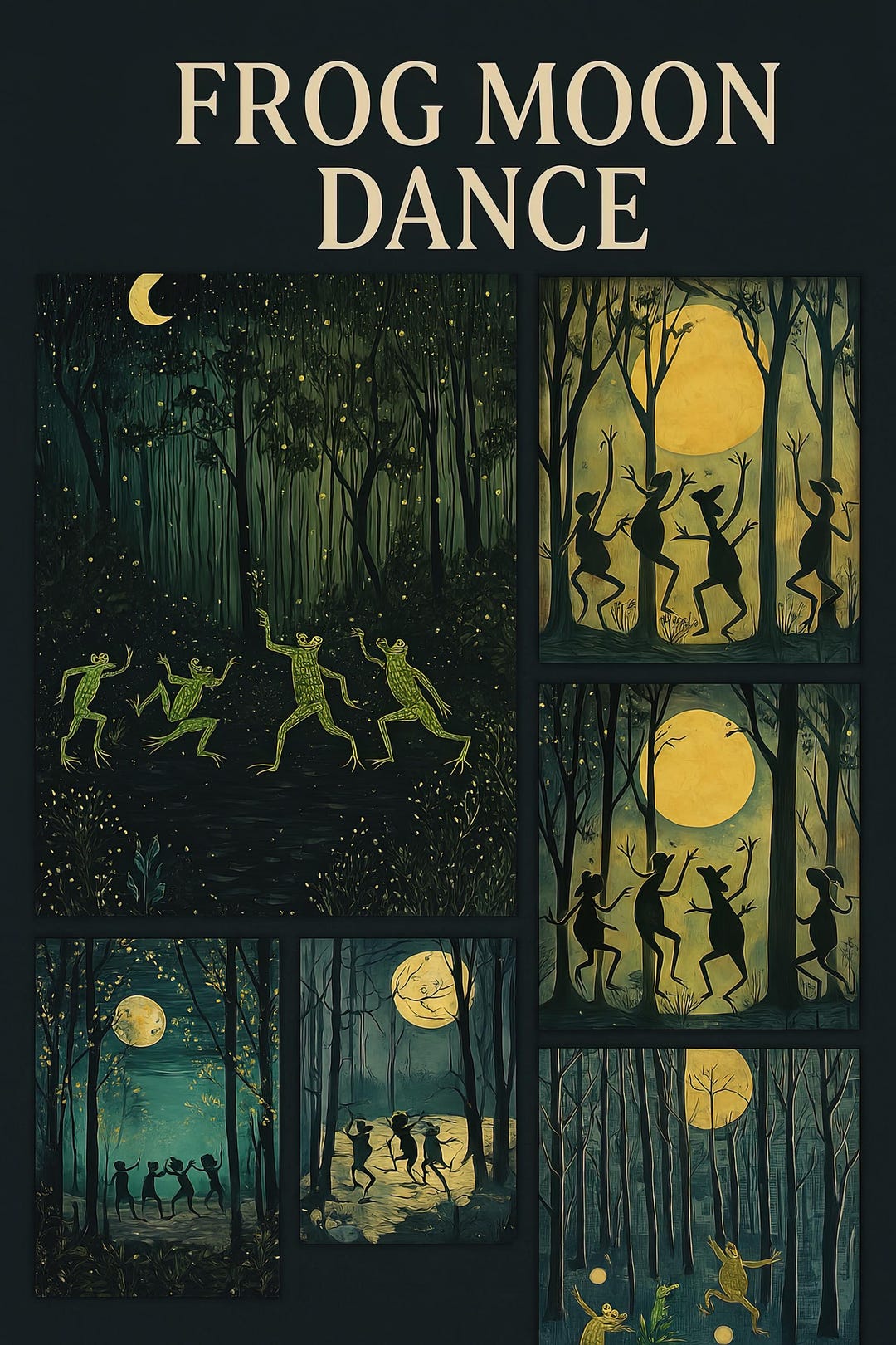 Vintage Frog Dancing Art Print Set: Moonlit Forest Wall Decor (digital ...