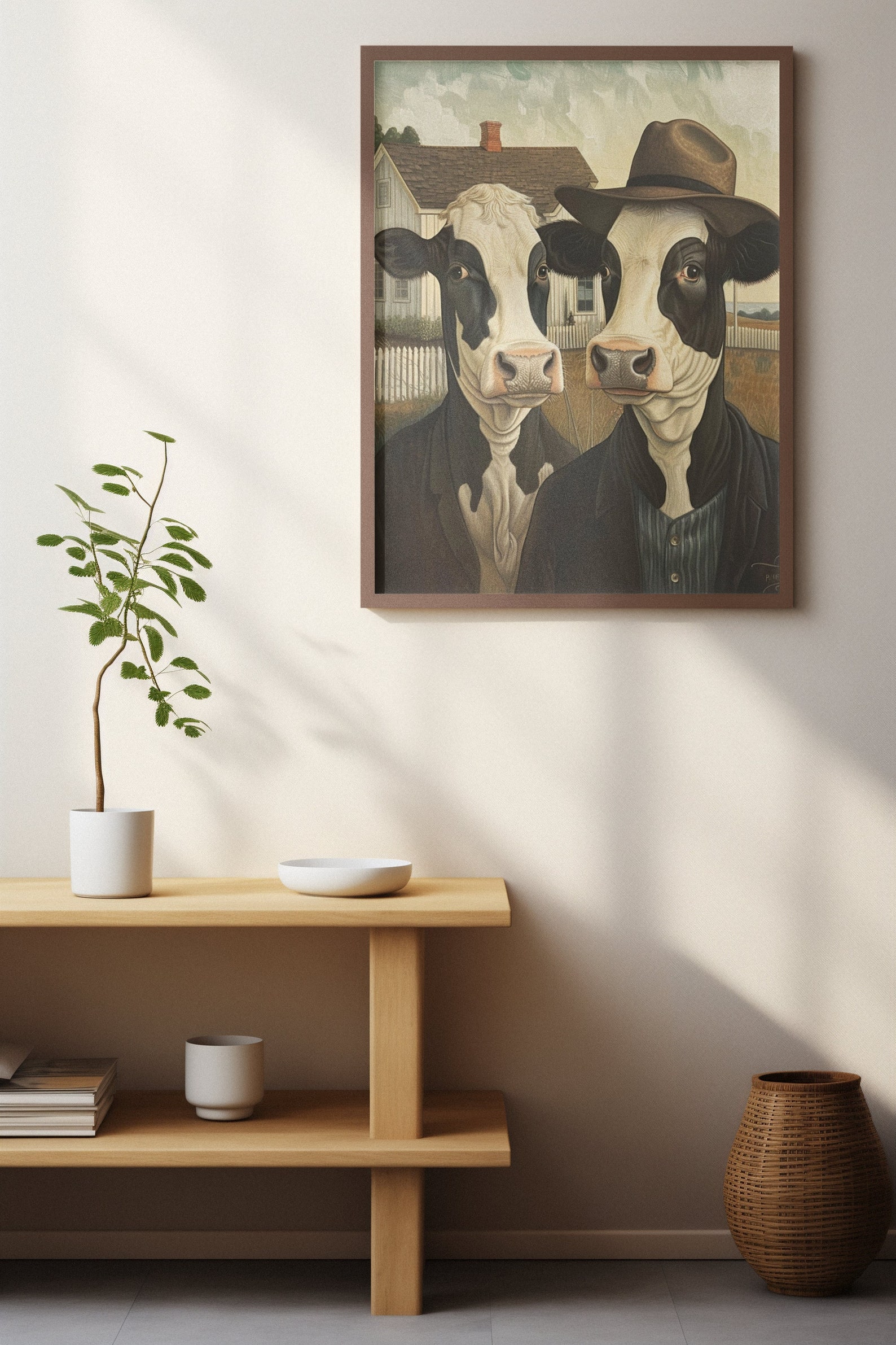 American Gothic Cow Art Print, Grant Wood Inspired Digital Cows With ...