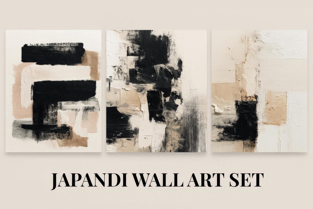 Japandi Wall Art Set of 4: Black Beige Abstract Prints (digital ...